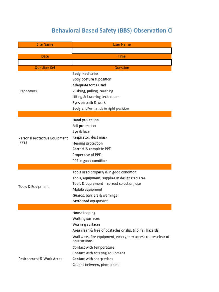 BBS Observation Checklist Template | PDF | Personal Protective ...