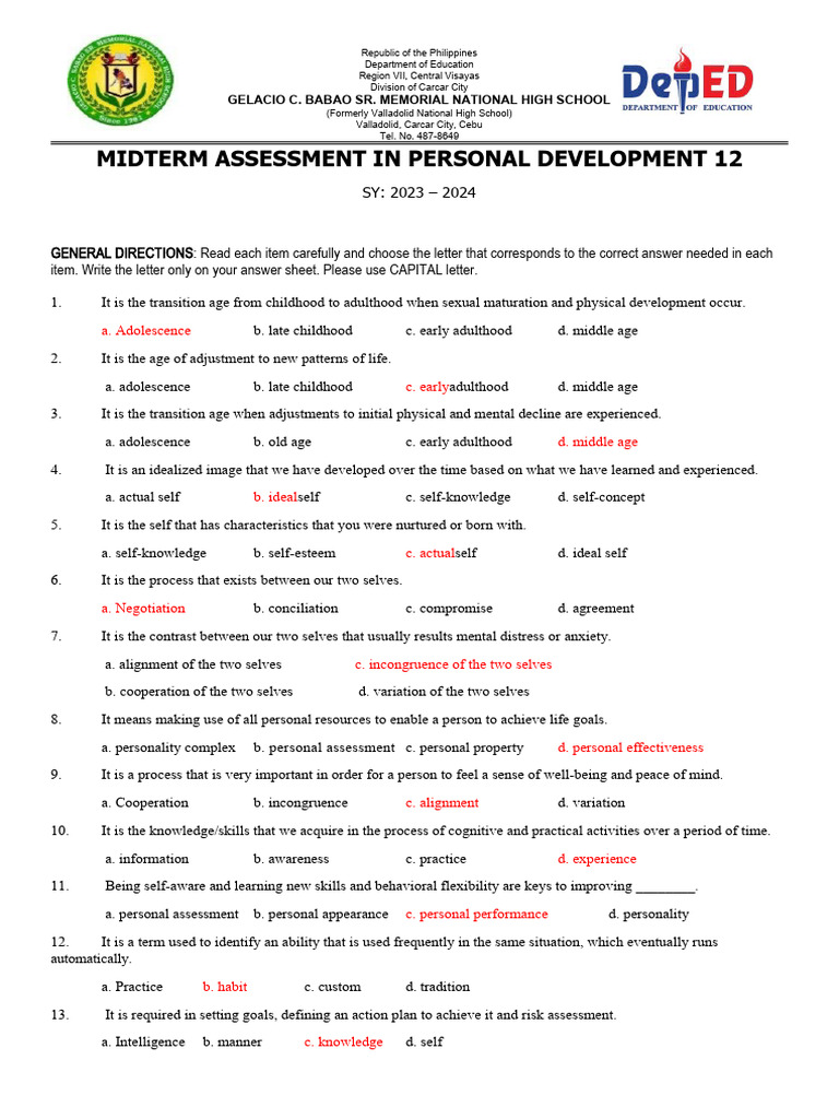 Personal Development Midterm Exam | PDF | Self Concept | Mental Processes