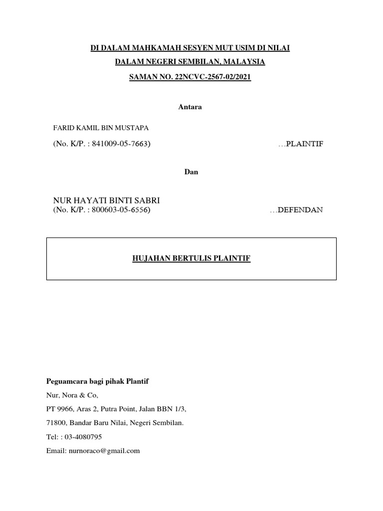 HUJAHAN BERTULIS PLAINTIF NUR, NORA & CO-converted | PDF