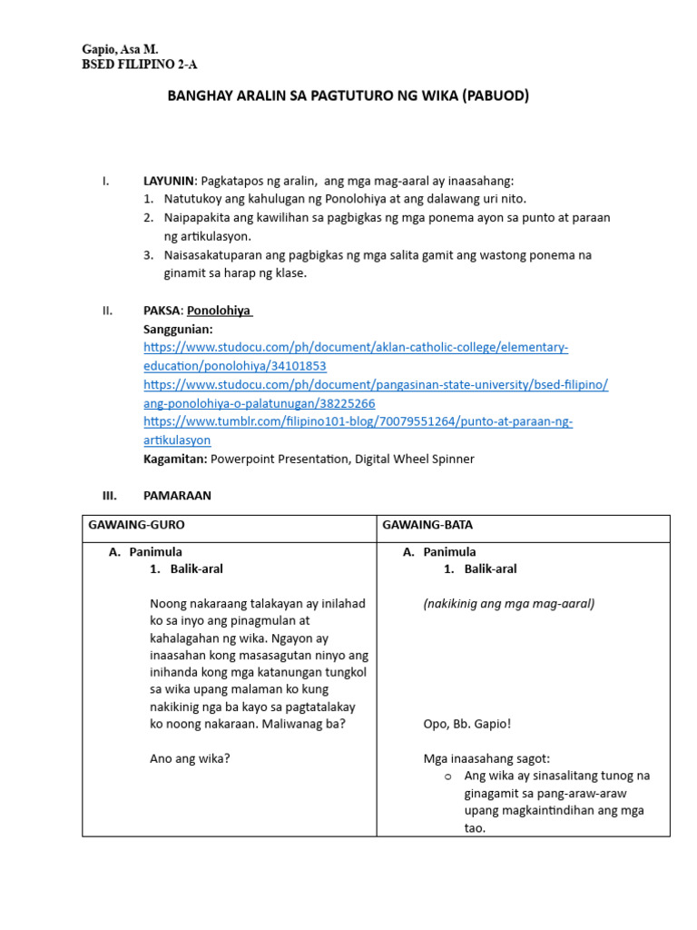 Banghay Aralin Sa Ponolohiya Pabuod Finals | PDF