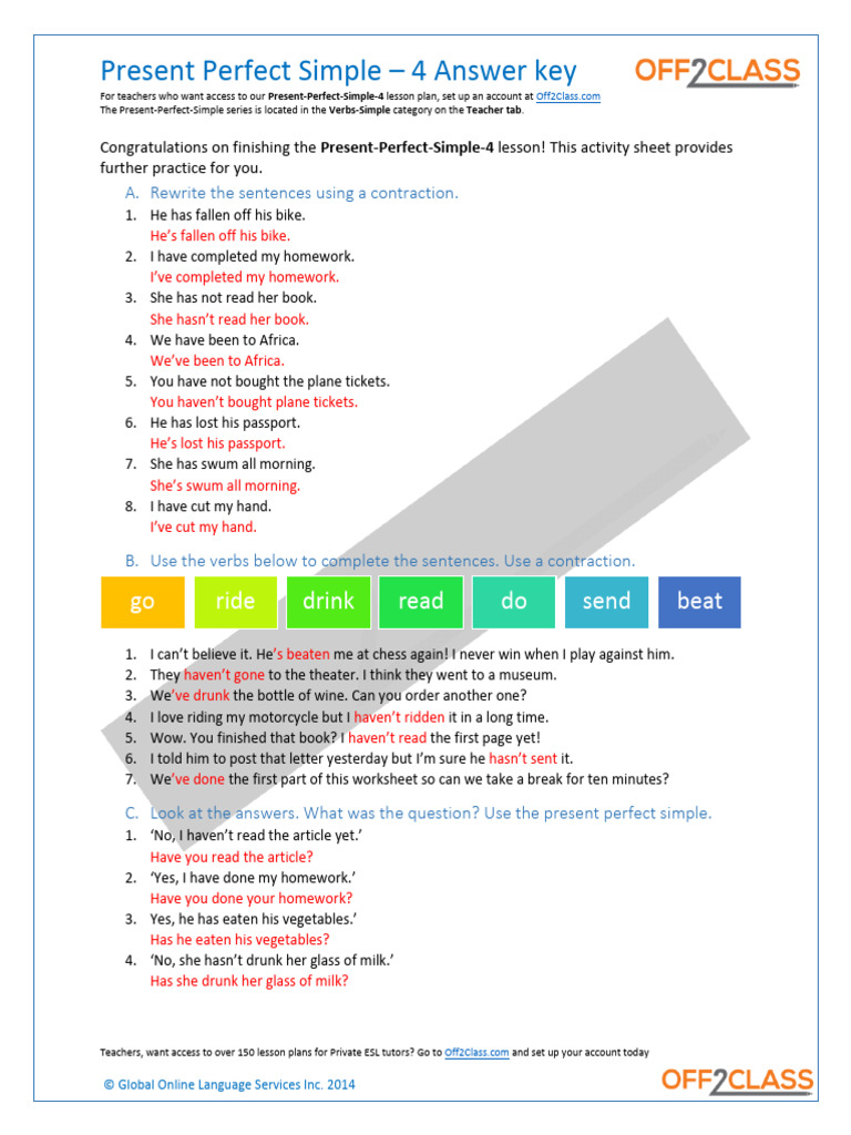 Off2Class Activity Sheet Present Perfect Simple 4 Answers | PDF ...