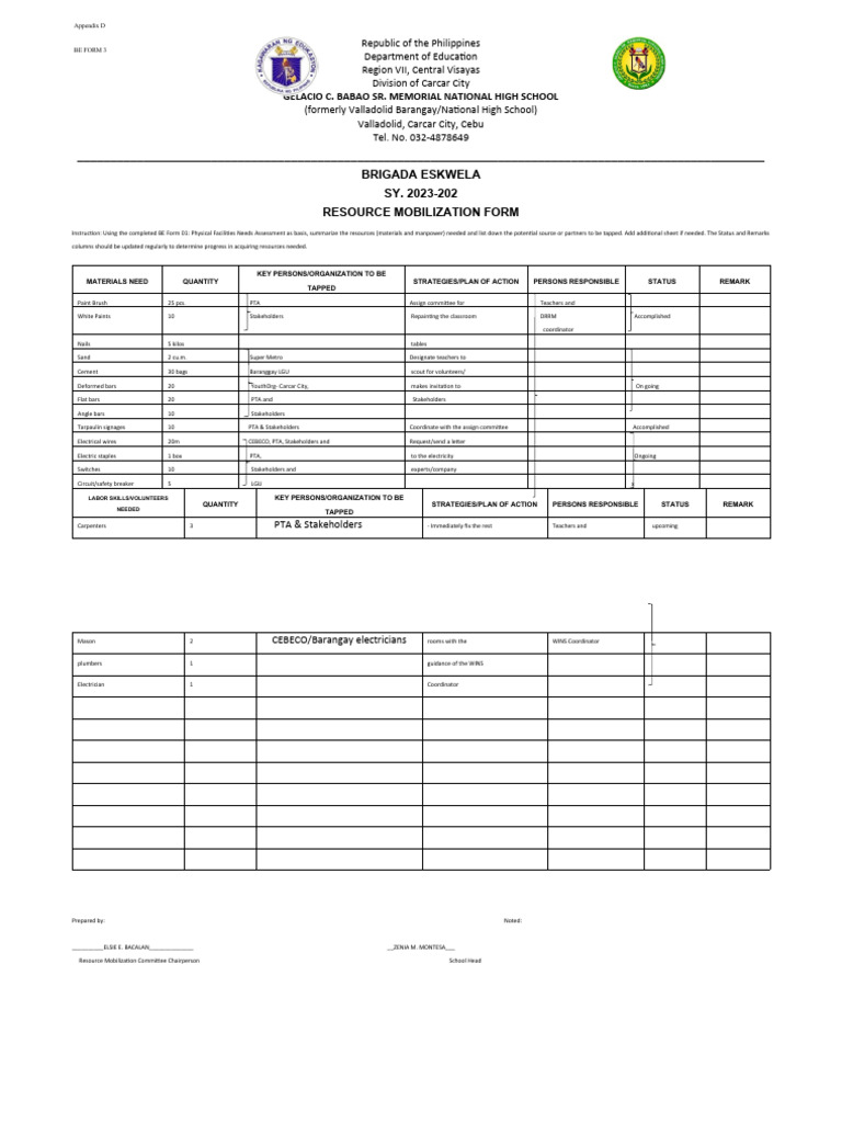 Brigada Eskwela Form 3 Resource Mobilization Form | PDF