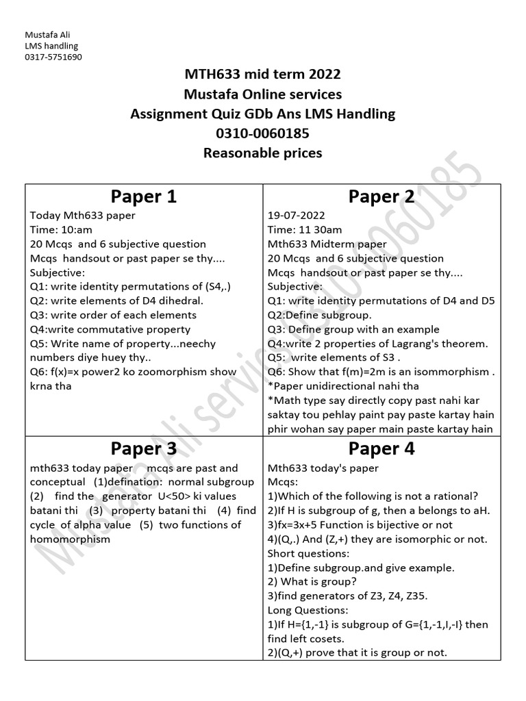MTH633 Current Mid Term 2022 by Mustafa Ali | PDF | Algebraic Structures | Abstract Algebra