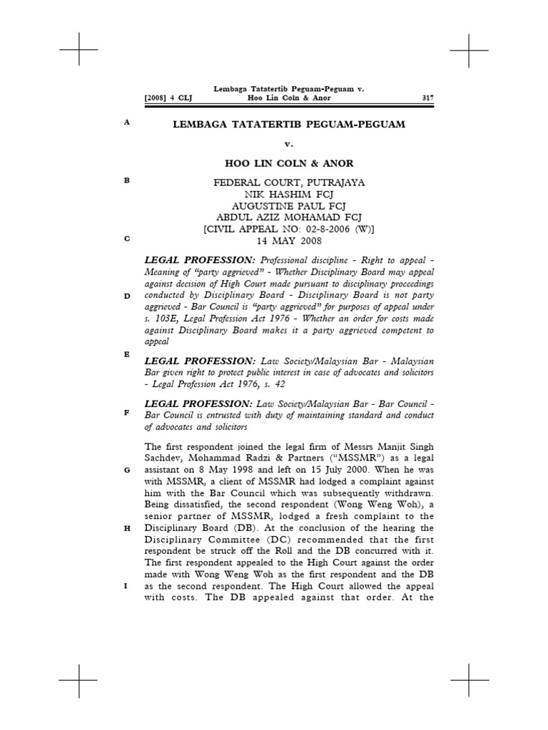 Ethics Case Review Lembaga Tatatertib Peguam Peguam V Hoo Lin Coln