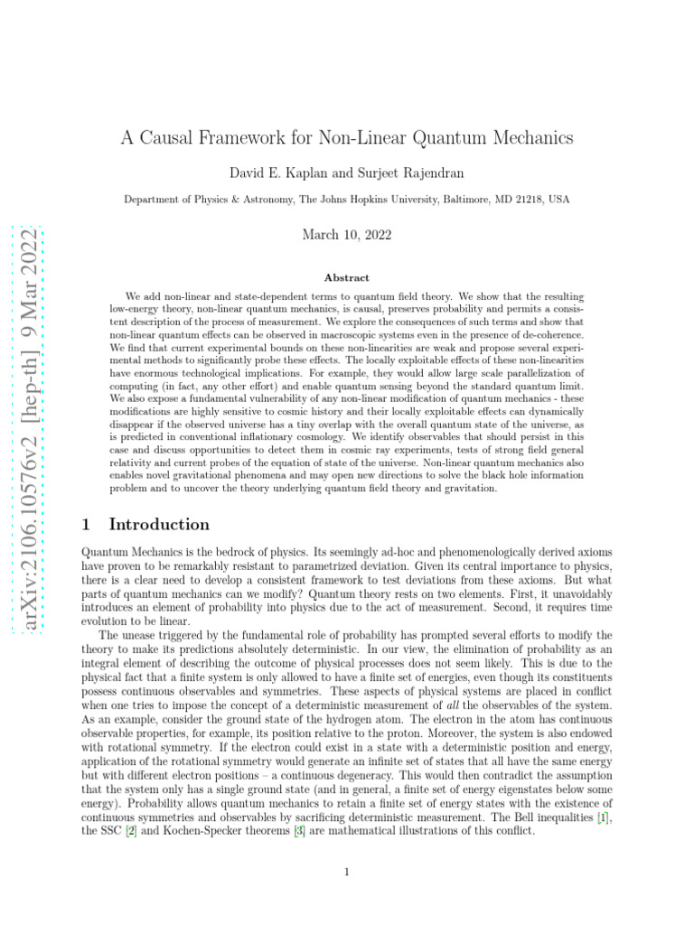 A Causal Framework For Non-Linear Quantum Mechanics: David E. Kaplan and Surjeet Rajendran | PDF ...