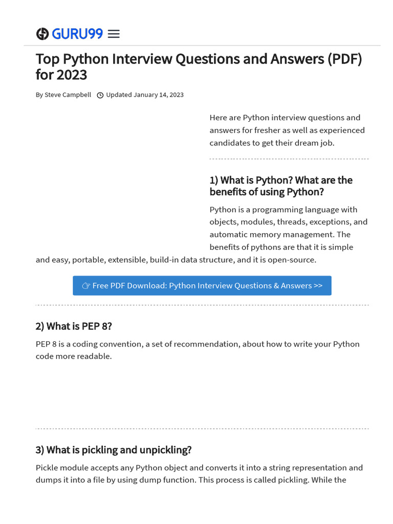 Python Interview Questions Answers Pdf Python Programming Language 3284