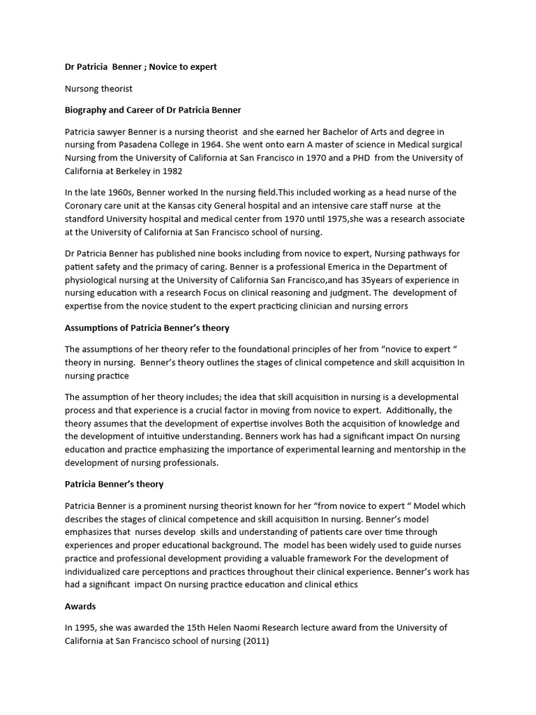 Benner's Novice to Expert Nursing Theory | PDF | Nursing | Expert