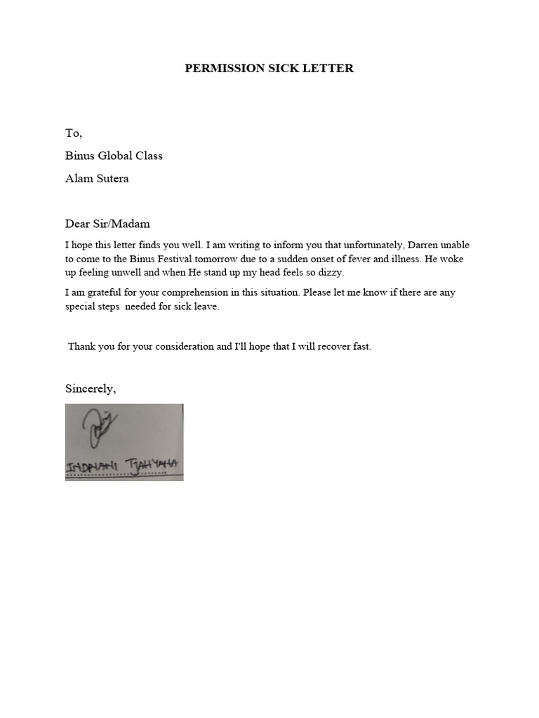 Permission Sick Letter | PDF