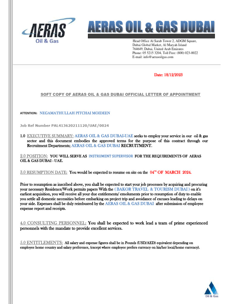 Aeras Oil & Gas Offer Letter Uae | Download Free PDF | Employment | Dubai