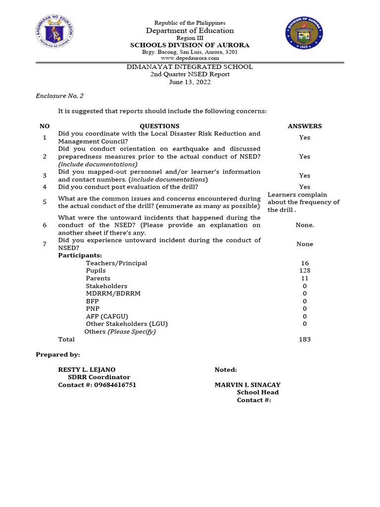 NSED Earthquake Drill Report 2022 | PDF | Emergency Management