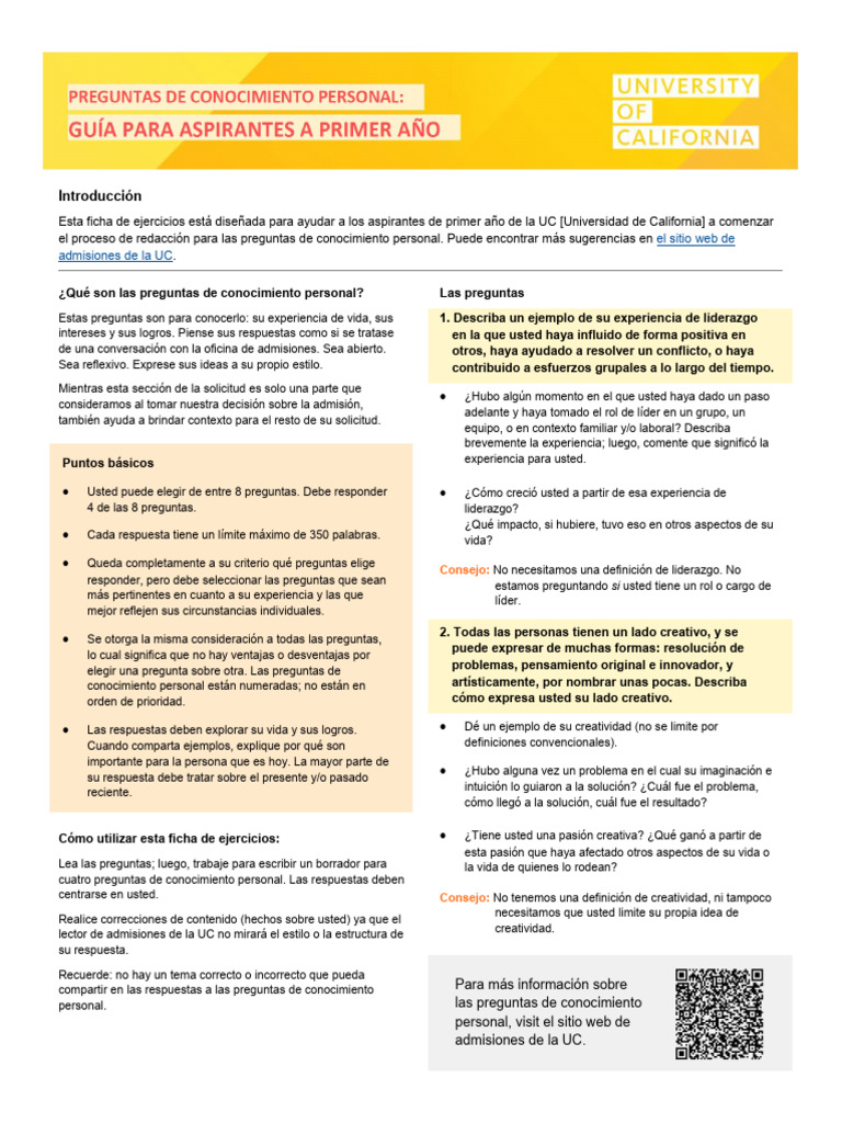 UC Personal Insight Questions Guide Spanish | PDF | Creatividad | Liderazgo