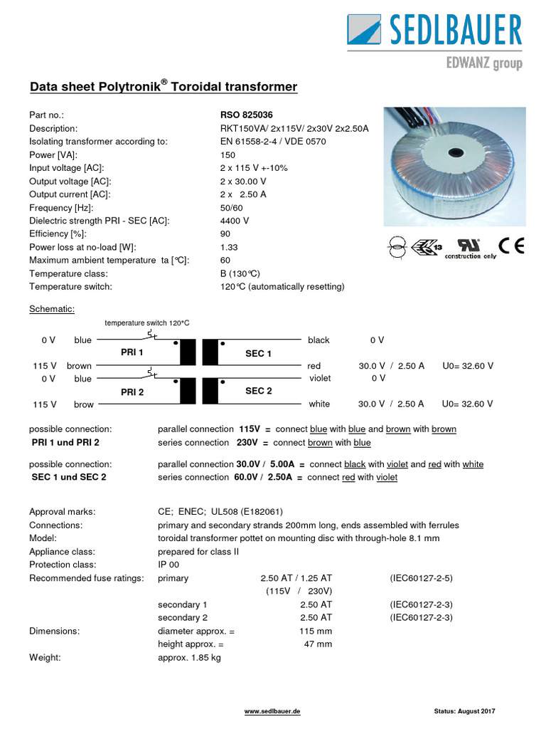 Ringkerntrafo Datenblatt 825036 - E | PDF
