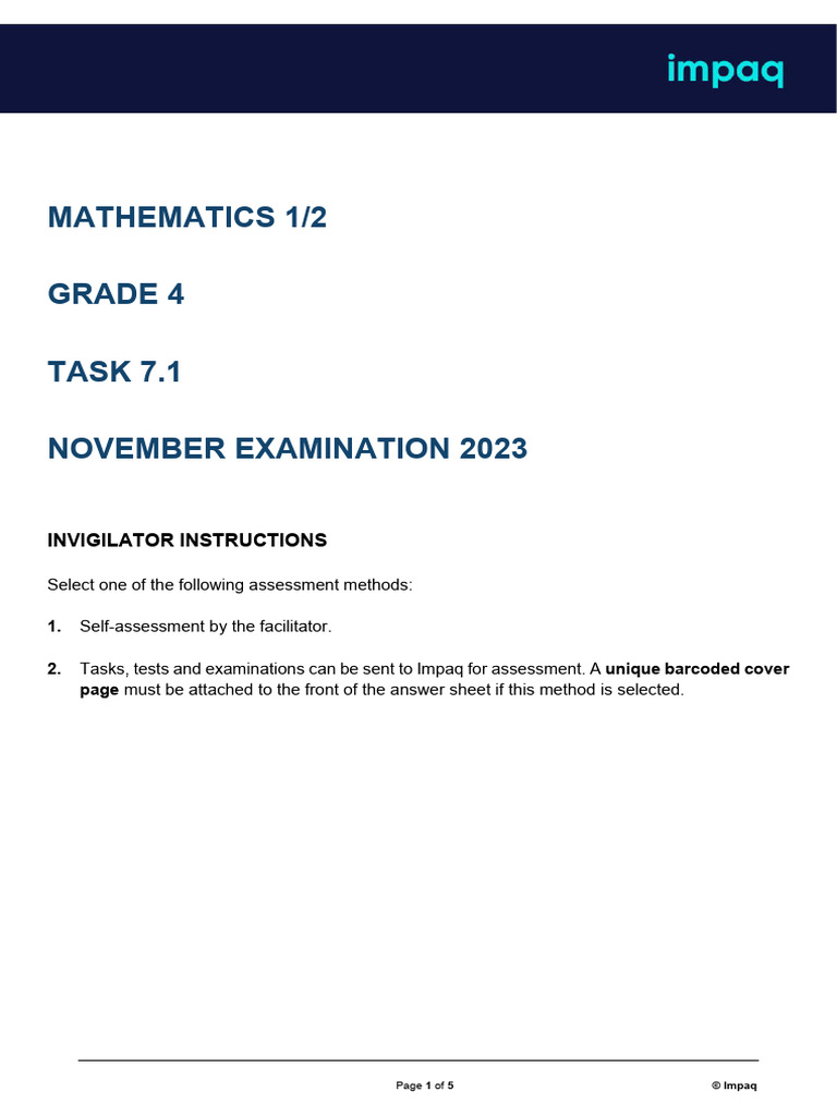 Mathematics 1/2 Grade 4 TASK 7.1 November Examination 2023: Invigilator ...