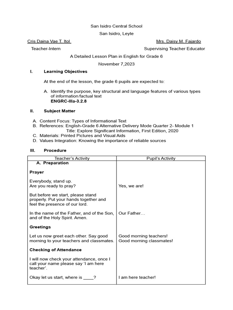 Lesson Plan in English Teacher Cris for Compilation | PDF ...