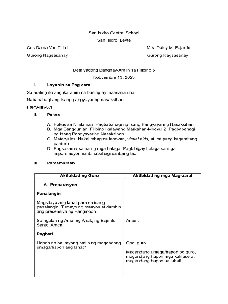 Lesson Plan in Filipino 6 Teacher Cris For Compilation | PDF