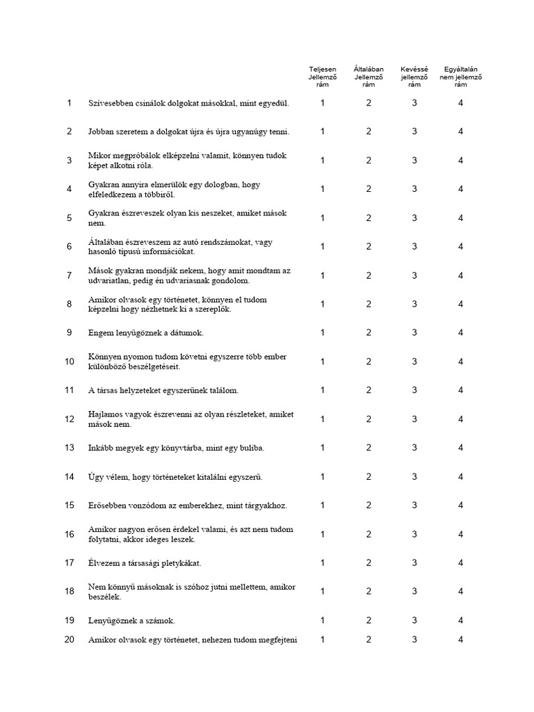 AQ Felnőtt Autista Teszt | PDF