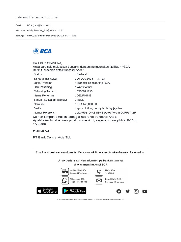 Bukti Transaksi MyBCA 20 Des 2023 | PDF | Pengelolaan Keuangan & Uang