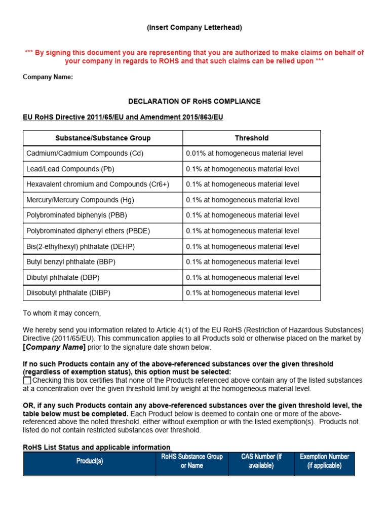 EU RoHS - Declaration Template - English - 2021 | PDF | Occupational ...
