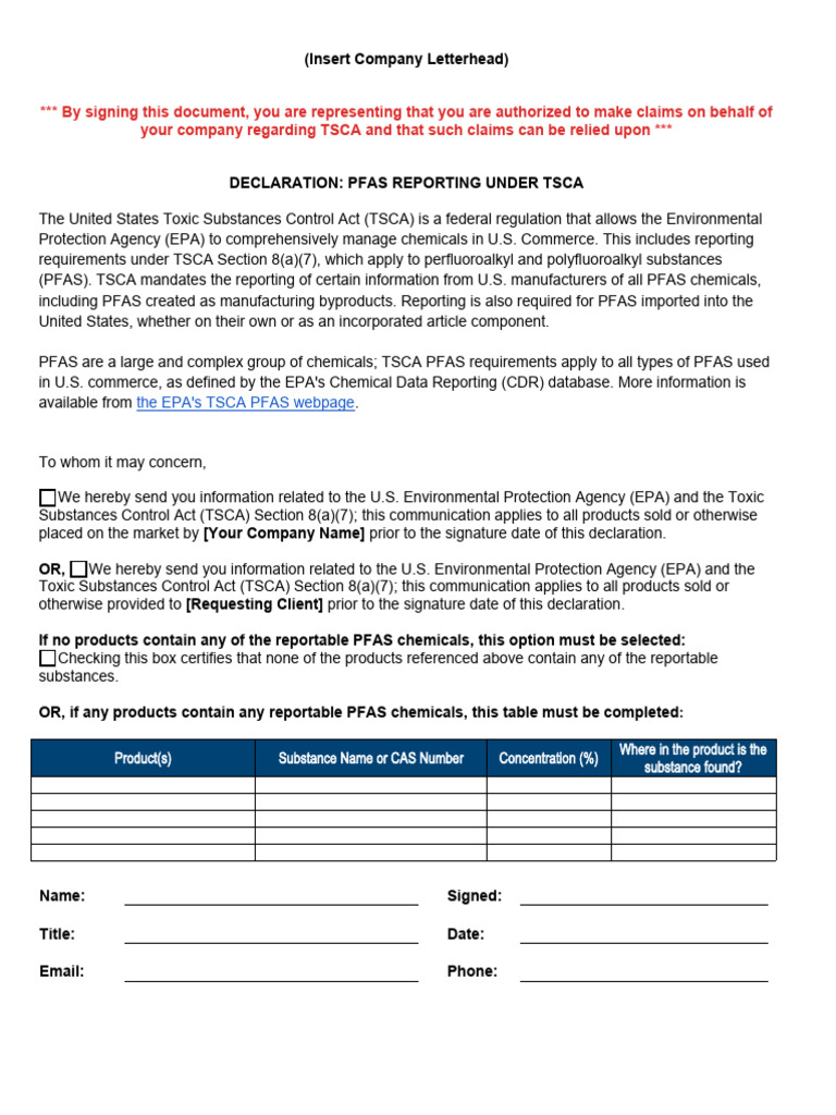 PFAS Reporting Declaration Under TSCA | PDF | Chemical Substances | Occupational Safety And Health