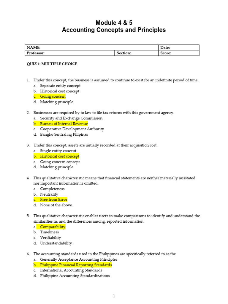 Quizzes - Chapter 4 - Accounting Concepts and Principles | PDF | Equity ...