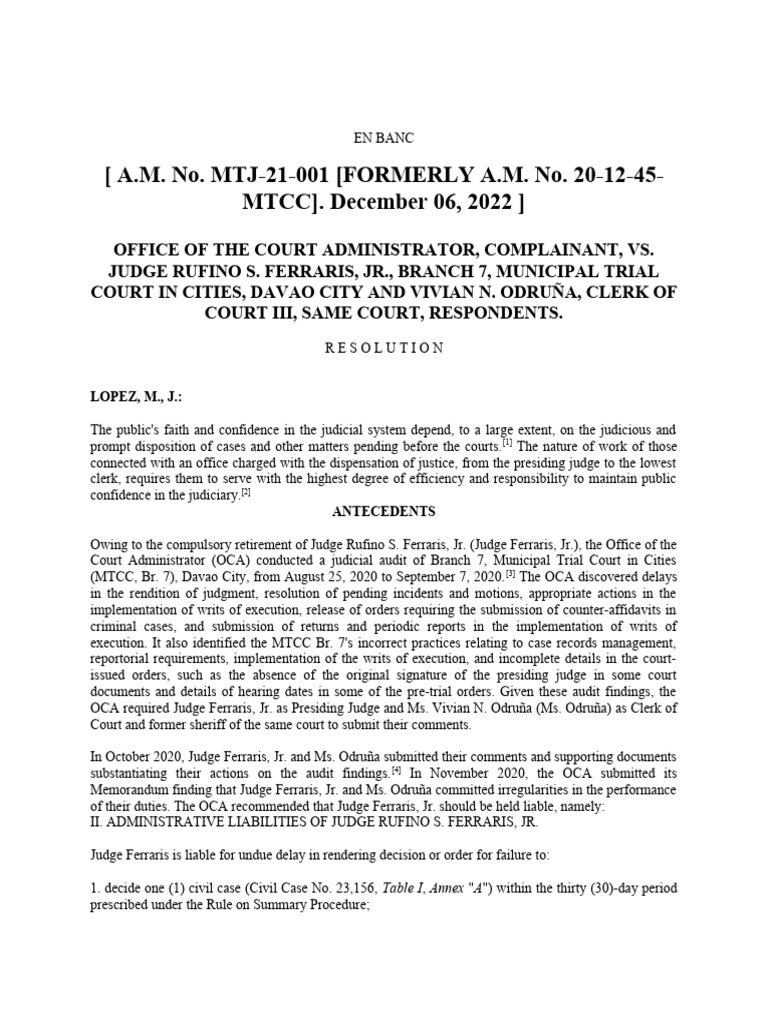OCA v. Judgge Ferraris A.M. No. MTJ-21-001 | PDF | Lawsuit | Judgment (Law)
