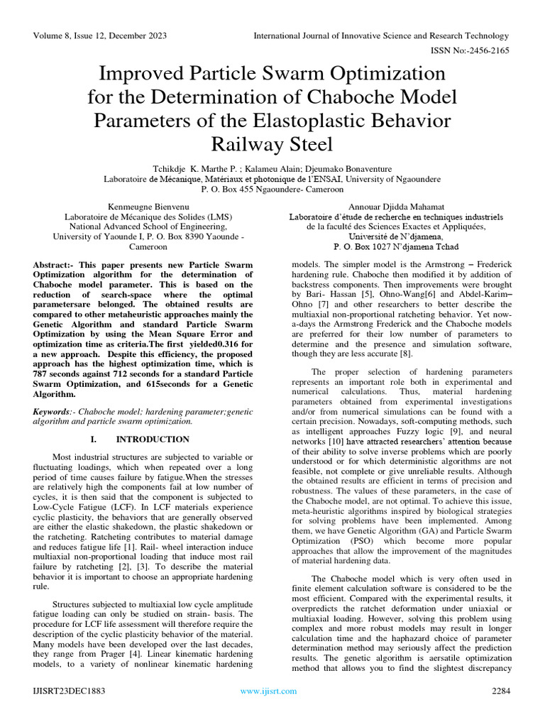 Improved Particle Swarm Optimization For The Determination of Chaboche Model Parameters of The ...