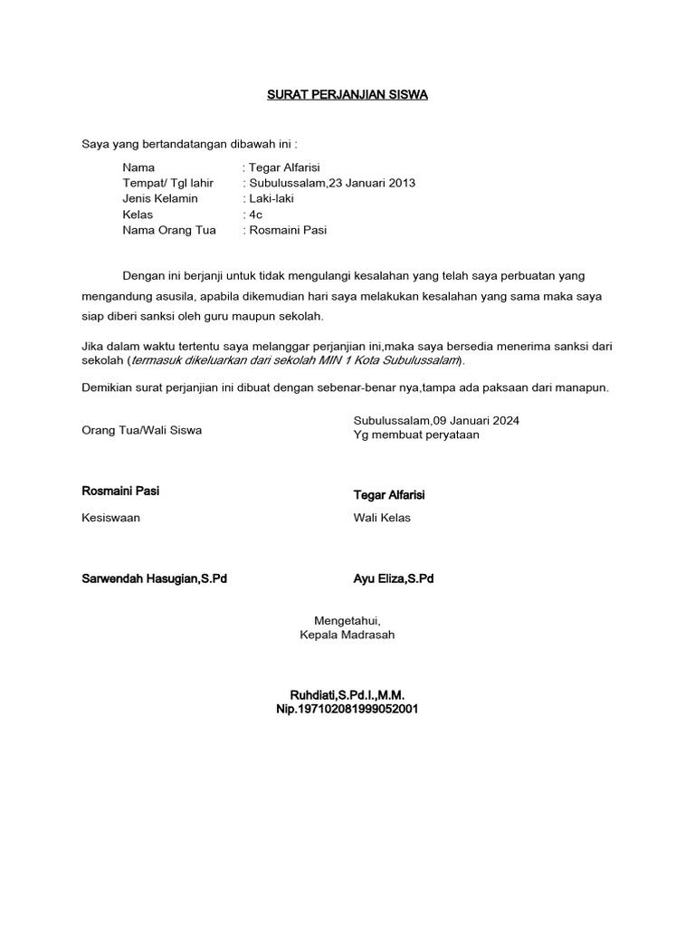 Surat Perjanjian Siswa Dan Guru | PDF