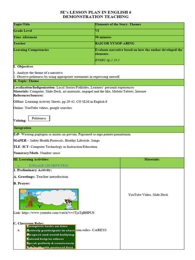 5E Lesson Plan: Analyzing Story Themes | PDF | Learning | Educational ...