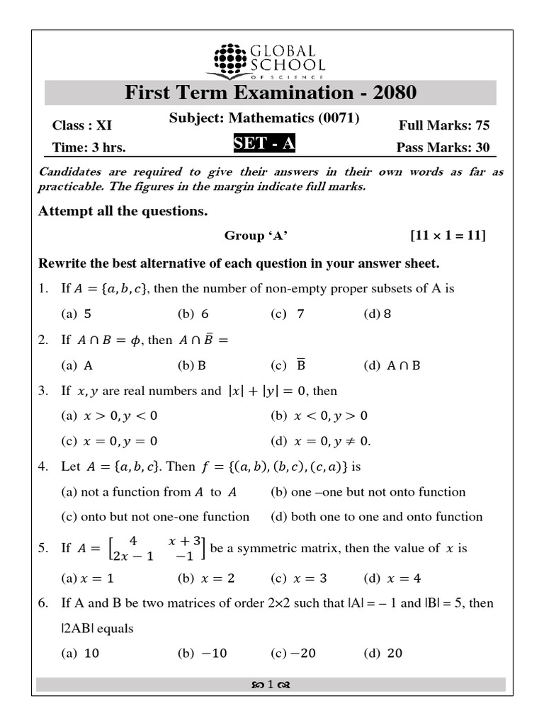 Math Xi Set A First Term 2080 Final | PDF | Matrix (Mathematics ...