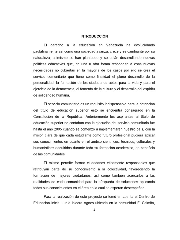 Proyecto de Servicio Comunitario | PDF | Educación de la primera ...