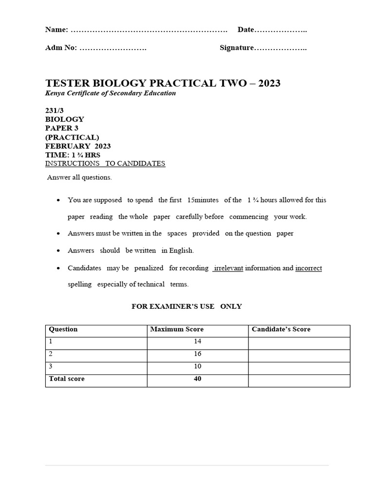 Tester Biology Practical Two | PDF | Experiment