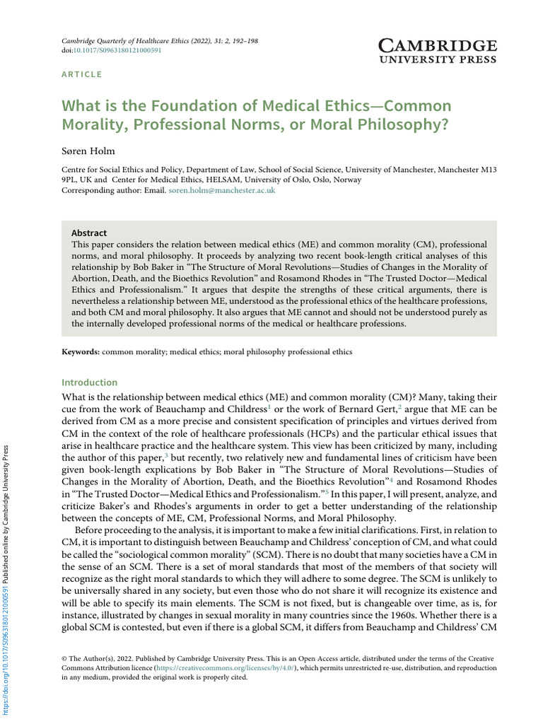 What is the Foundation of Medical Ethicscommon Morality Professional ...