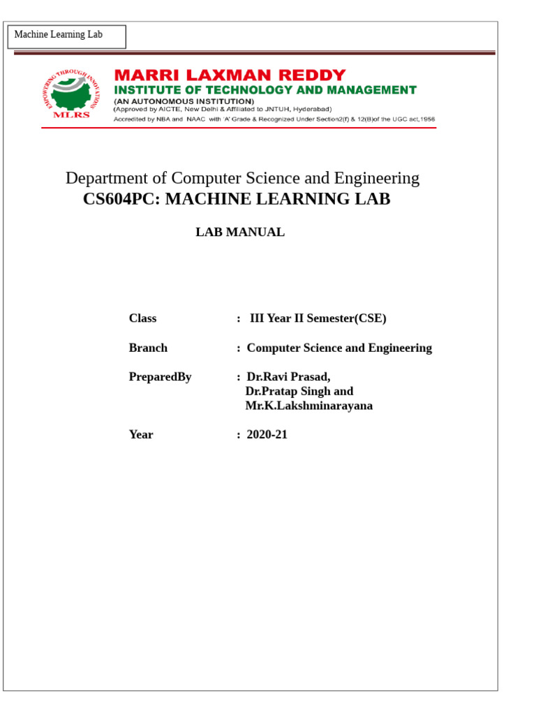 Machine Learning Lab Manual | PDF | Engineering | Machine Learning