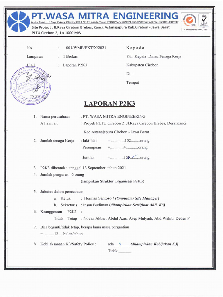 Contoh Laporan P2K3 Disnaker Cirebon Img20211008 - 16091706 | PDF