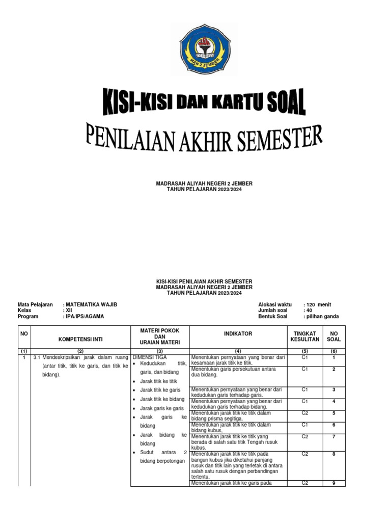 Kisi-Kisi Mat Wajib XII PAS 2023 | PDF