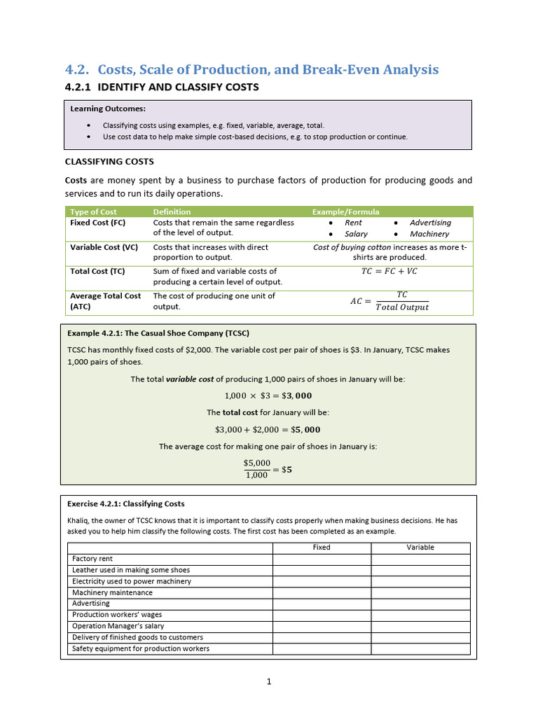 4.2 Costs, Scale of Production and Break-Even Analysis | PDF ...