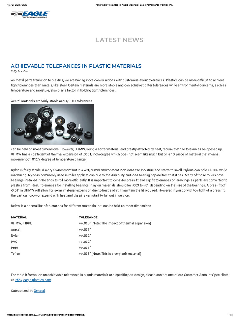 Achievable Tolerances in Plastic Materials - Eagle Performance Plastics, Inc | PDF | Plastic ...