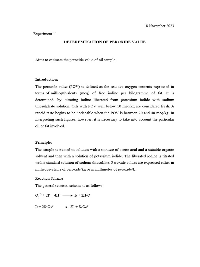 DETEREMINATION_OF_PEROXIDE_VALUE[1] Final | PDF | Titration | Chemistry