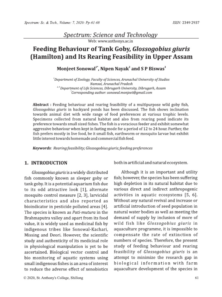 Feeding Behaviour of Tank Goby, Glossogobius Giuris and Its Rearing ...