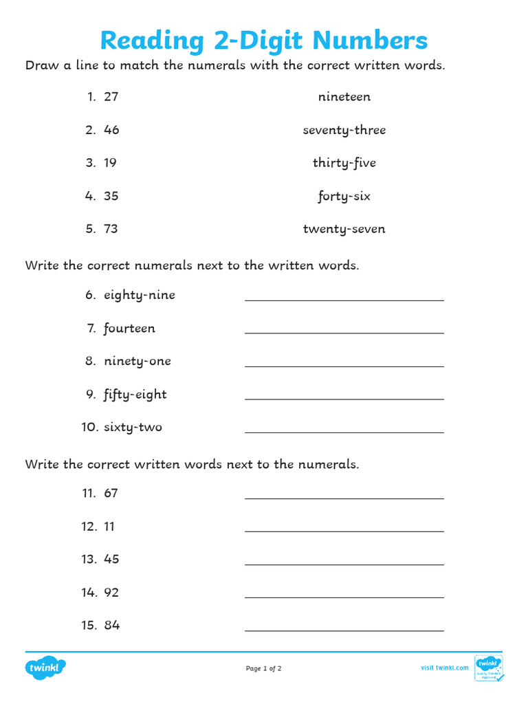 Reading 2-Digit Numbers Worksheet | PDF