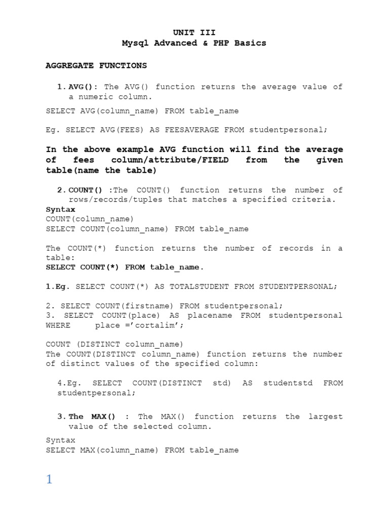 Pdf Unit Iii Mysql Advanced And Php Basic Pdf Php Variable Computer Science