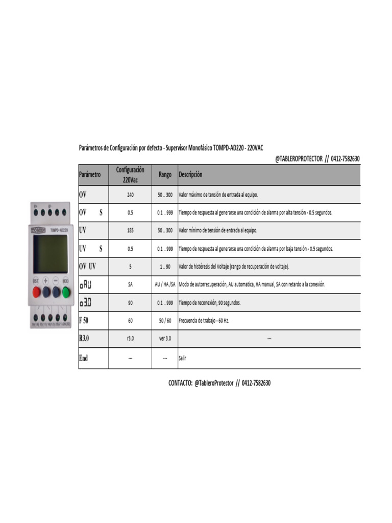 Supervisor Monofasico TOMPD-AD220 - 220vac - Parametros de ...