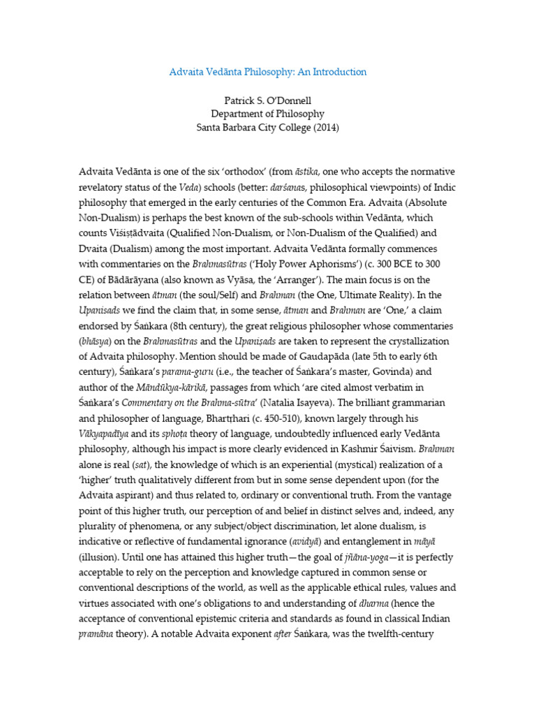 Advaita Vedanta Philosophy A Short Intro Pdf Advaita Vedanta
