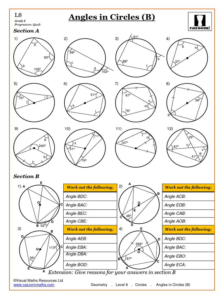 Geometry. Level 8. Circles. Angles in Circles (B) | PDF | Geometry | Mathematics