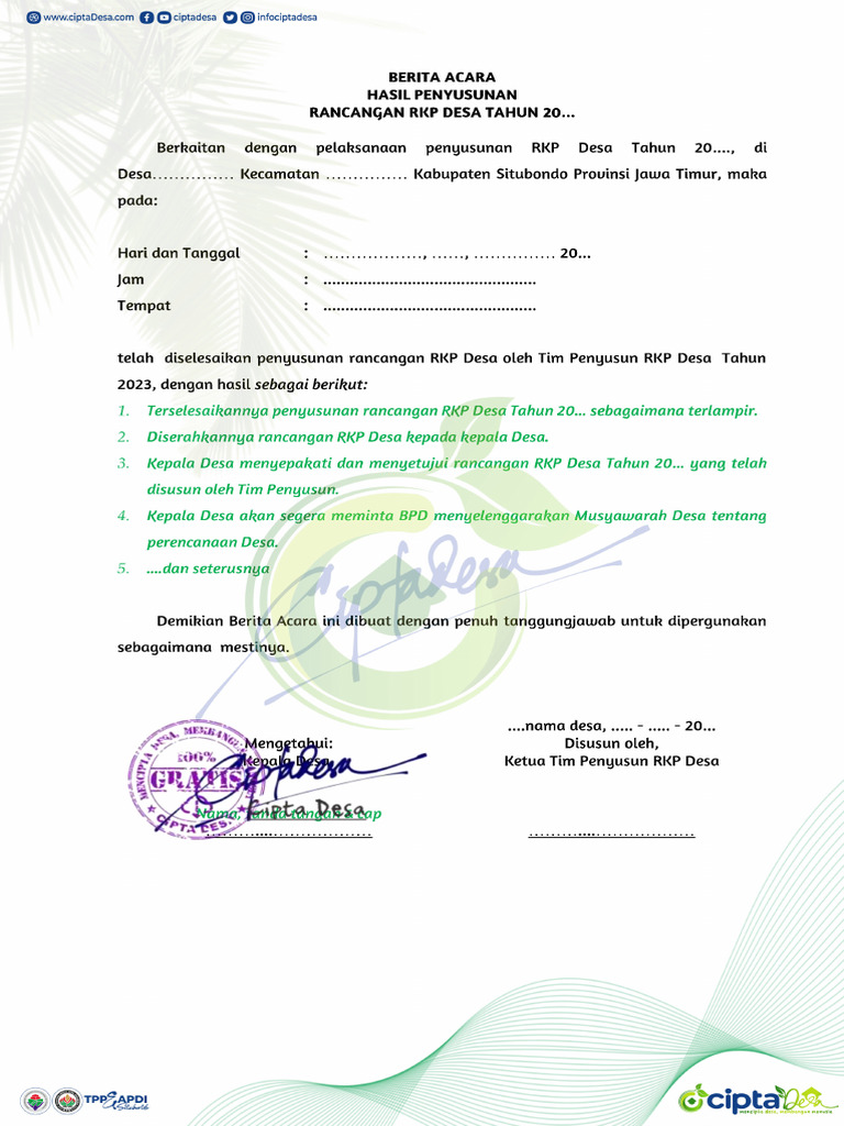 BA. Hasil Penyusunan Rancangan RKP Desa (WWW - Ciptadesa.com) | PDF