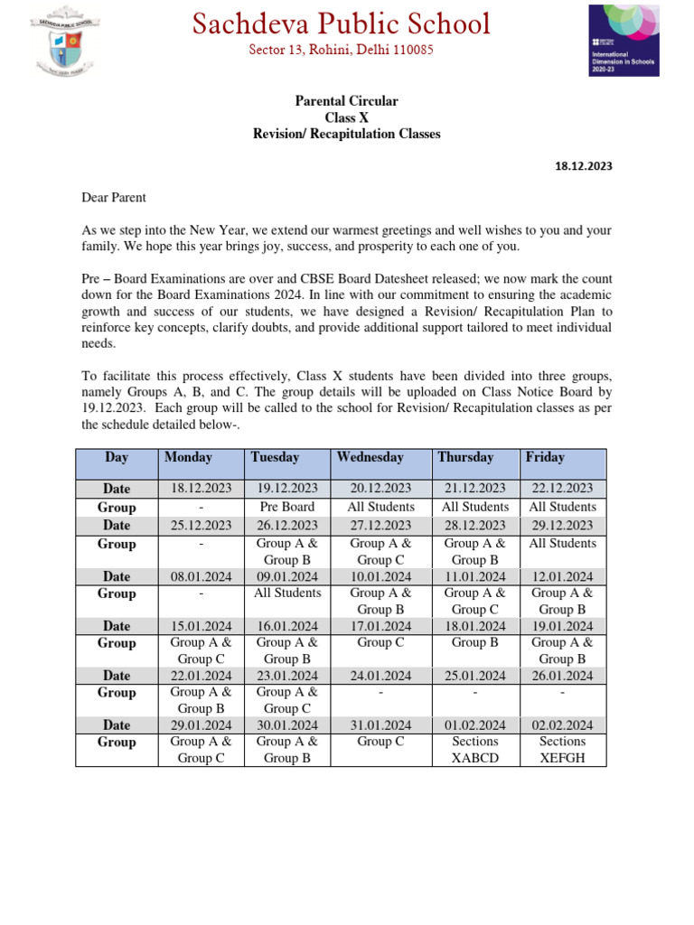 Class X Revision Classes Schedule 2023 | PDF