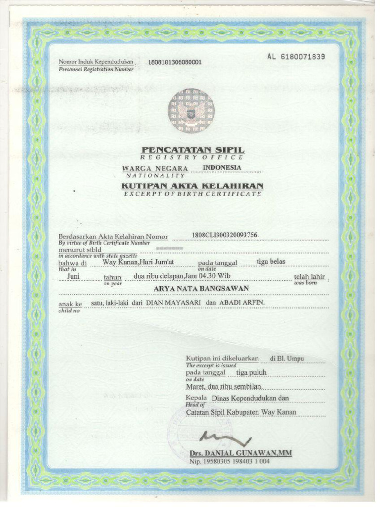 Akta Kelahiran Arya Nata Bangsawan Pdf