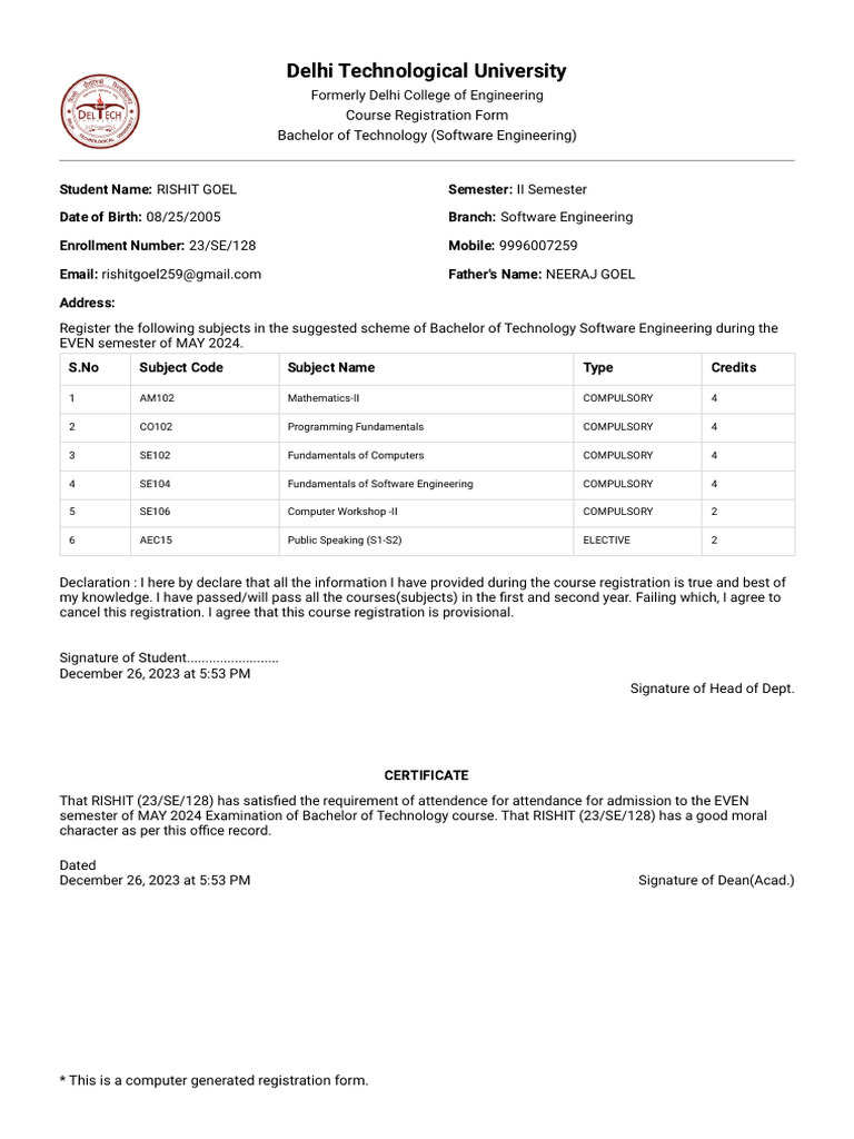 Course Registration Acknowledgement Slip | PDF | Software Engineering ...