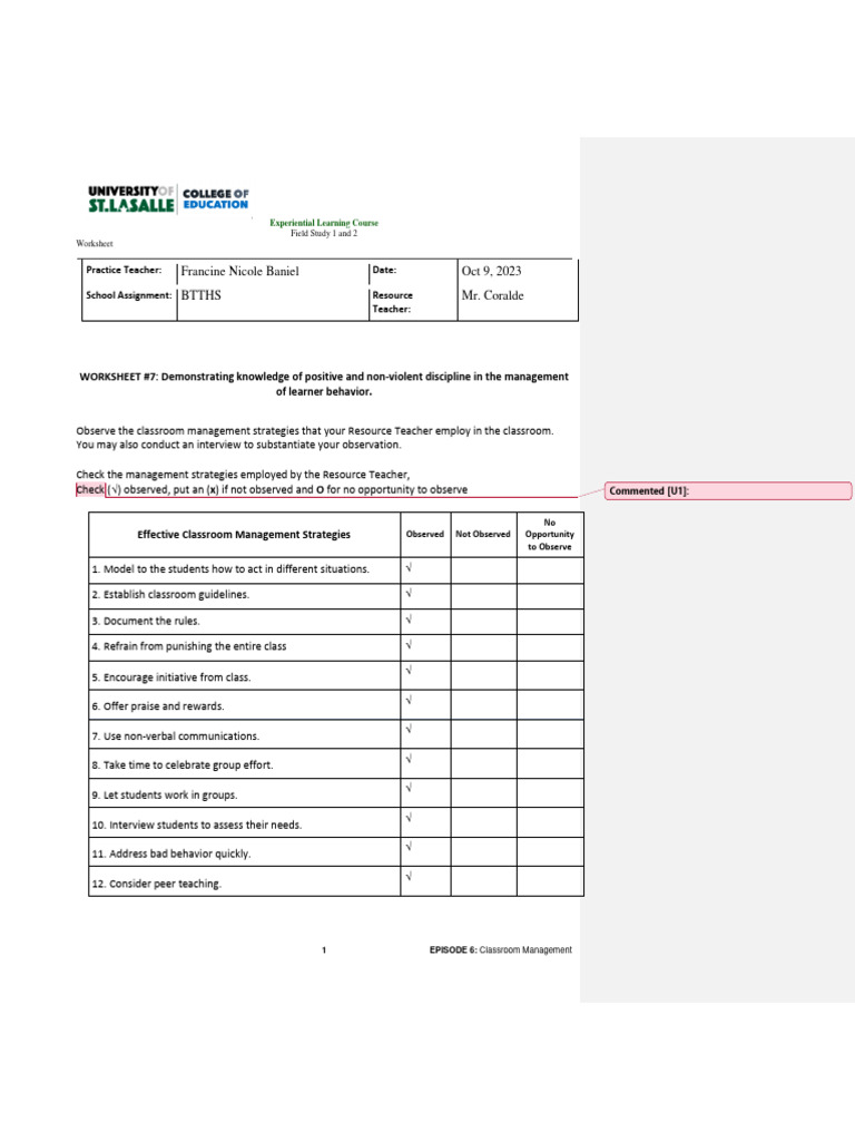 FS1 Worksheet7-1 | Download Free PDF | Classroom Management | Learning