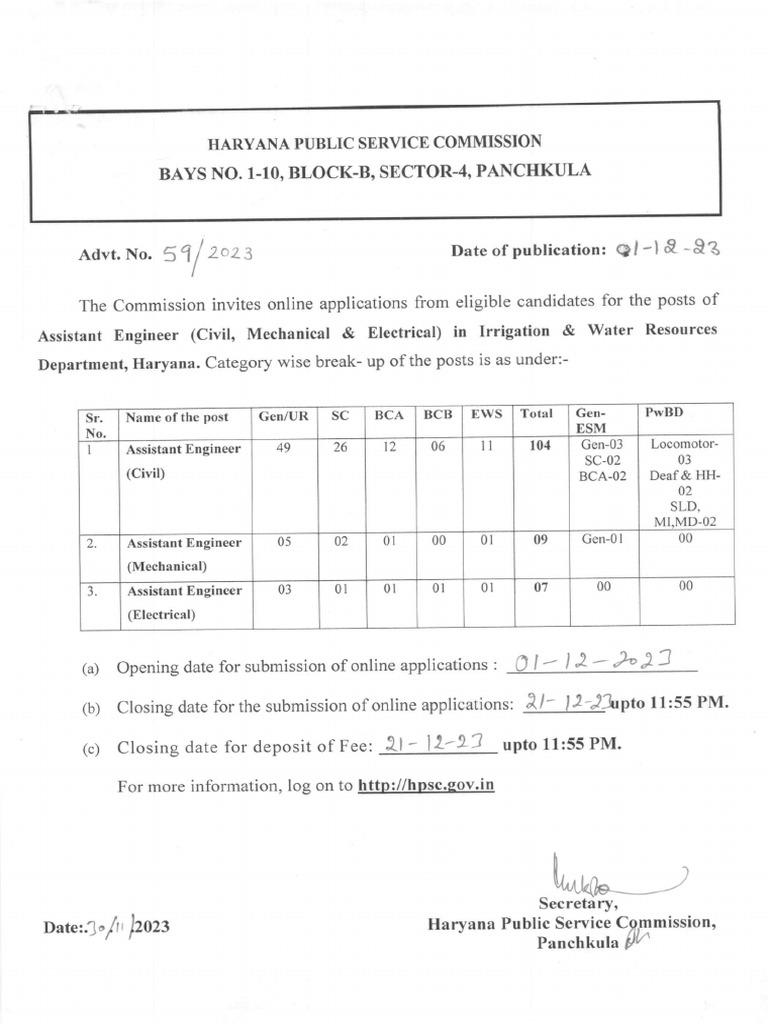 Advt 59 2023 Assistant Engineer C M E 30 11 2023 | PDF | Recruitment ...